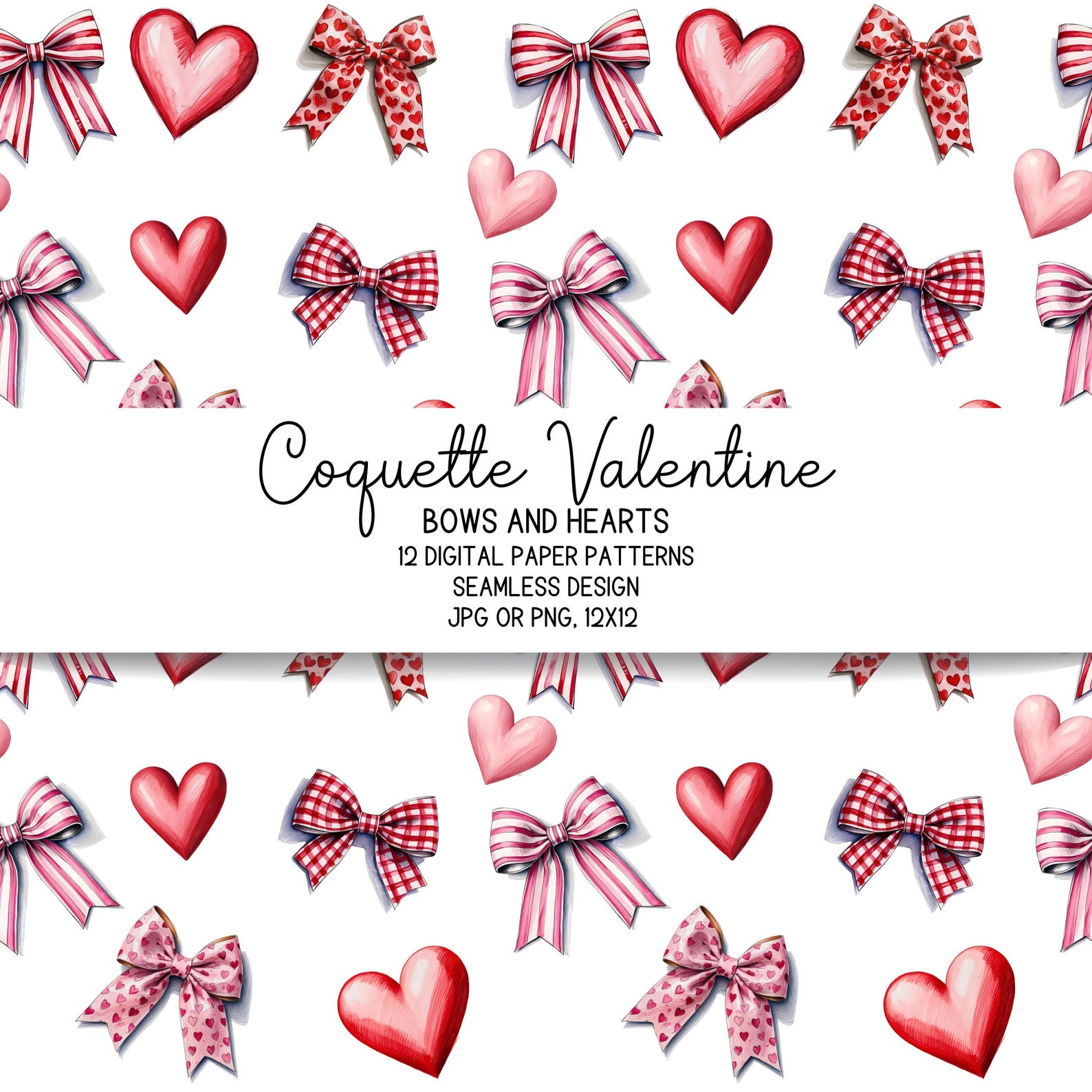 Coquette Valentine Digital Paper: Bows & Hearts Seamless Patterns (PNG ...