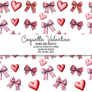 Coquette Valentine Digital Paper: Bows & Hearts Seamless Patterns (PNG ...