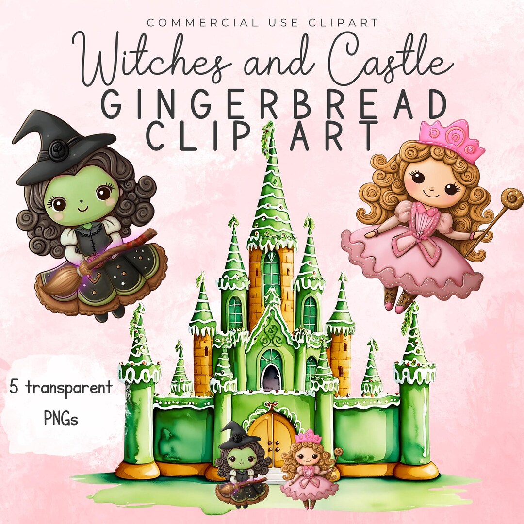 Wicked Gingerbread Clipart: Watercolor Witches & Emerald City Castle ...