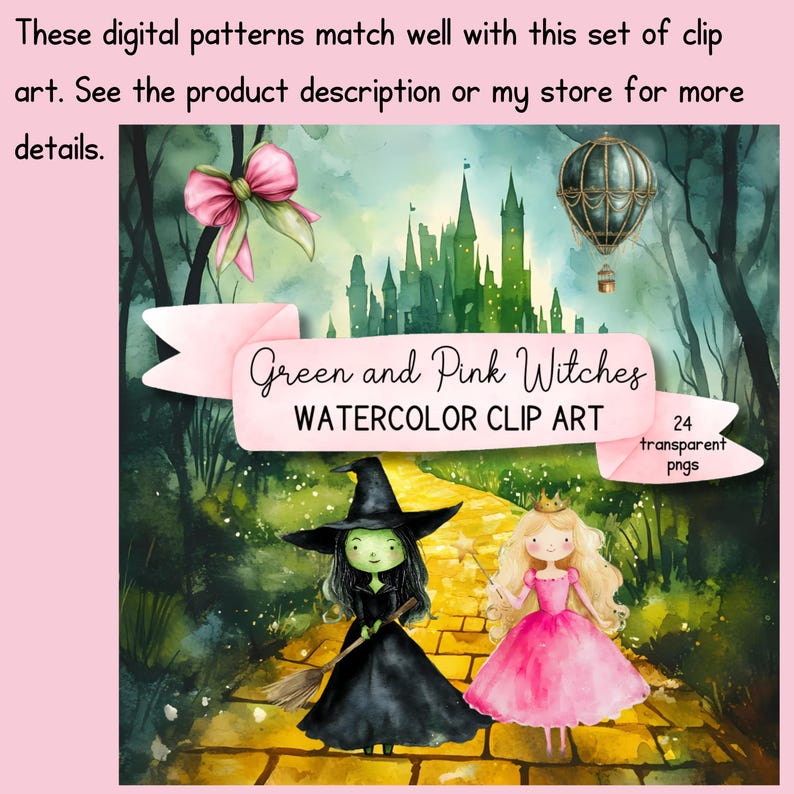 Wicked Inspired Digital Paper: Pink & Green Witches, Watercolor Art ...