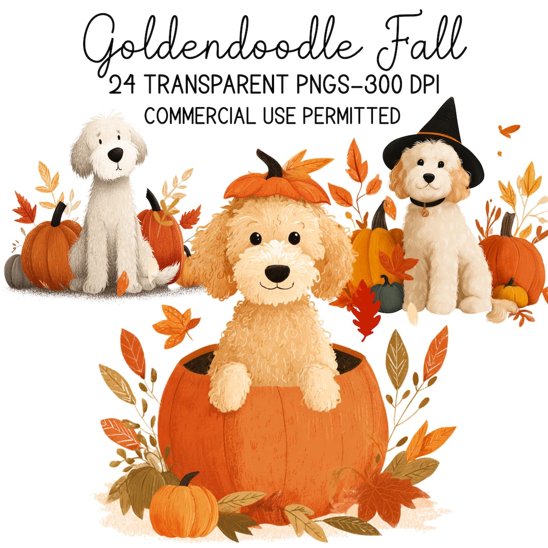Goldendoodle Fall Clipart: Autumn Dogs, Pumpkins (24 Pngs, 300 DPI) - Etsy