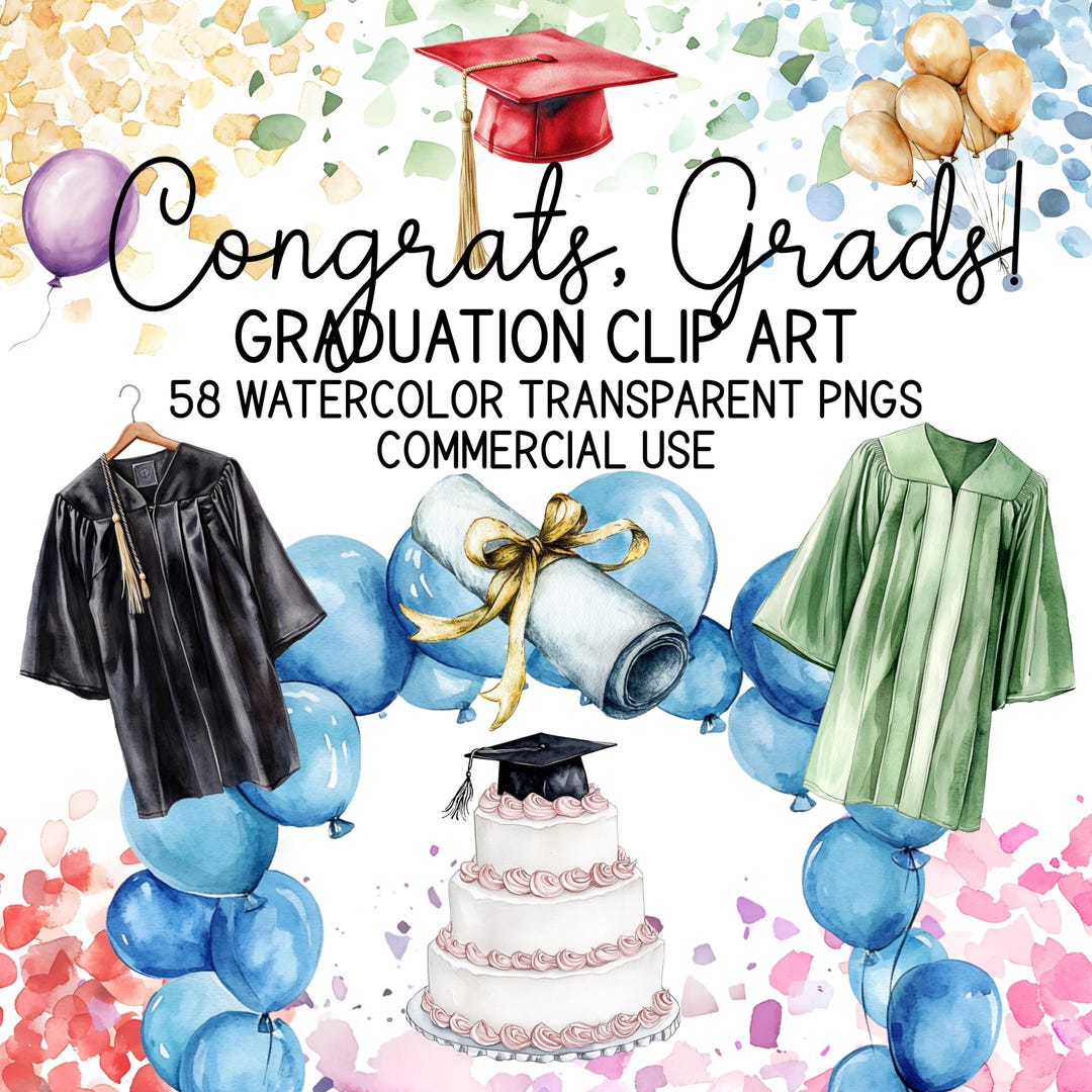 Watercolor Graduation Clip Art: 58 PNG Graphics (digital Download ...
