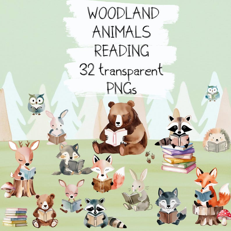 Watercolor Woodland Animals Reading Clipart: Forest Book Lovers ...