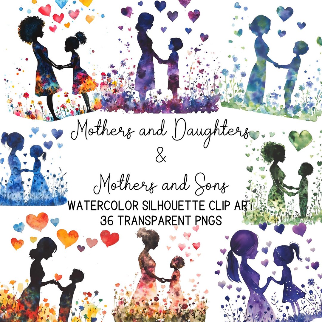Image clipart fête des mères - clipart silhouette aquarelle mère et ...