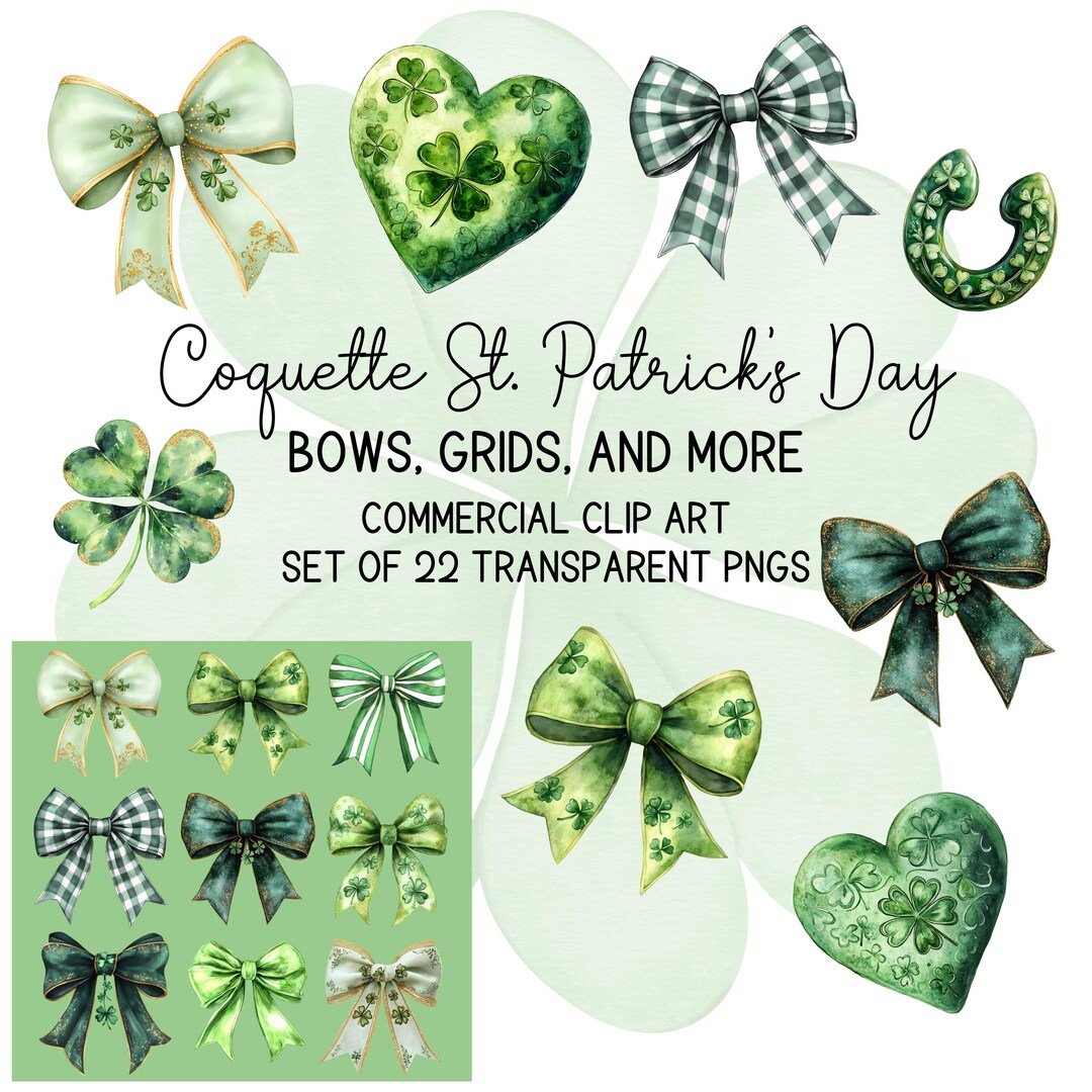 St. Patricks Day Clip Art- Coquette Bows, Hearts, Shamrocks, Horseshoes ...