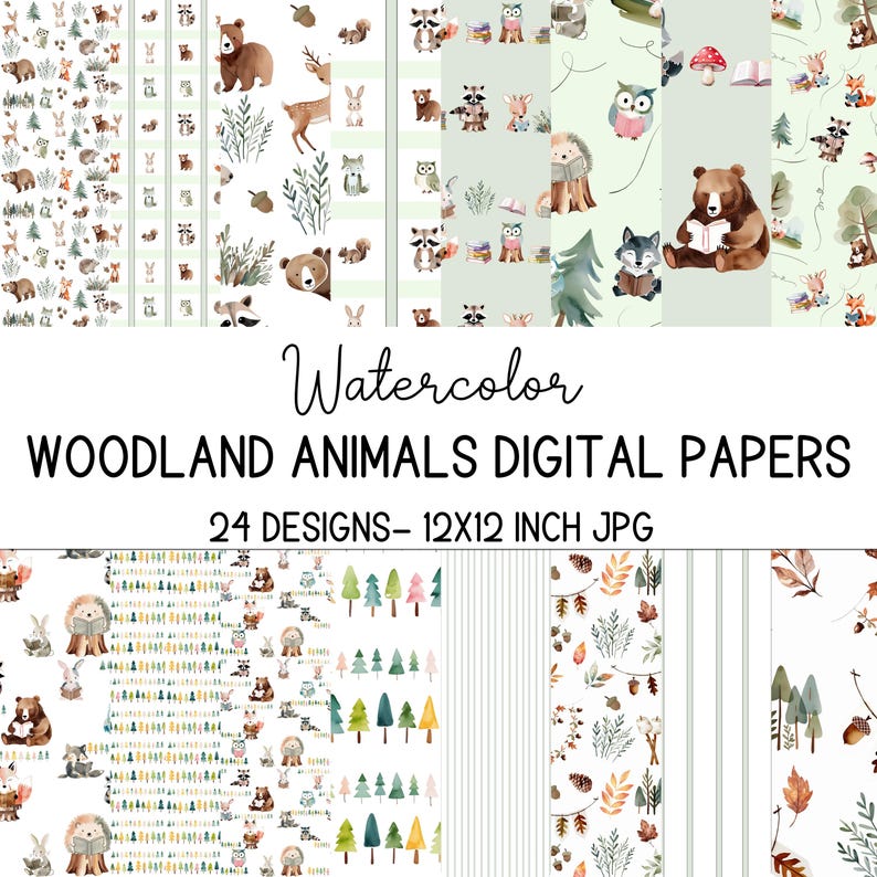 Woodland Animals Watercolor Clipart & Digital Paper Set (PNG, JPG ...