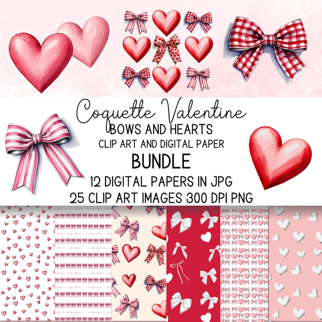 Coquette Valentine Clip Art and Digital Paper Bundle- 25 Transparent ...