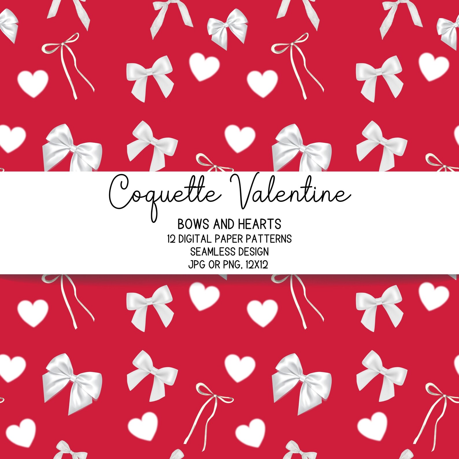 Coquette Valentine Digital Paper: Bows & Hearts Seamless Patterns (PNG ...