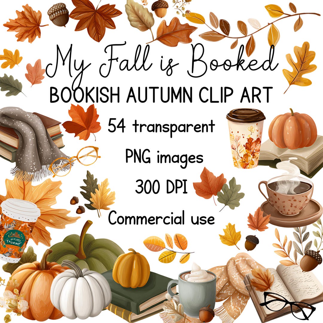 Fall Bookish Clip Art: 54 Autumn PNG Images for Scrapbooking (300 DPI ...