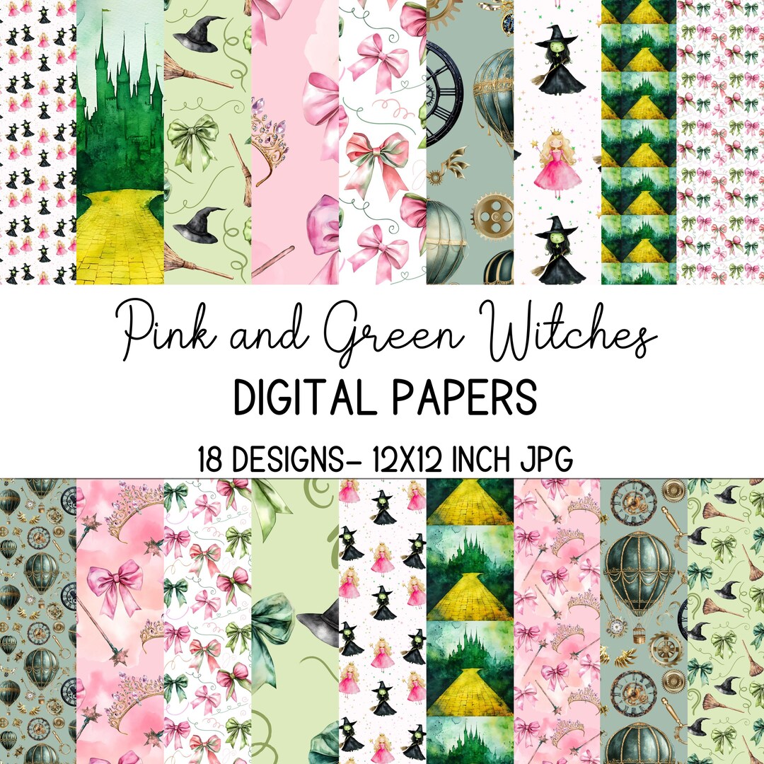 Wicked Inspired Digital Paper: Pink & Green Witches, Watercolor Art ...