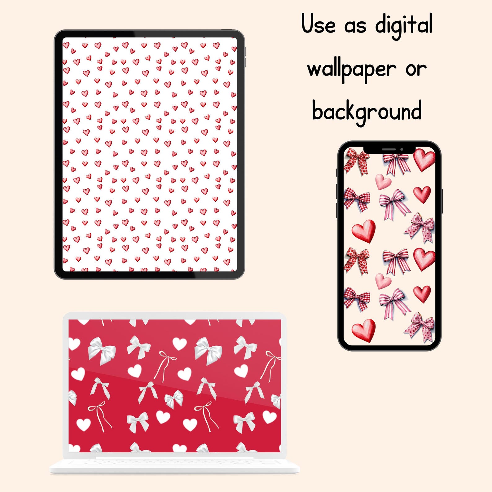 Coquette Valentine Digital Paper: Bows & Hearts Seamless Patterns (PNG ...