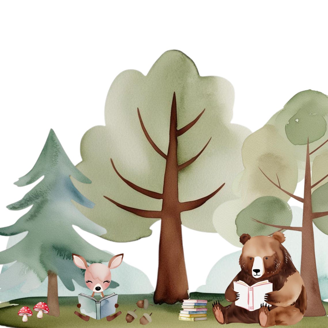 Watercolor Woodland Animals Reading Clipart: Forest Book Lovers ...
