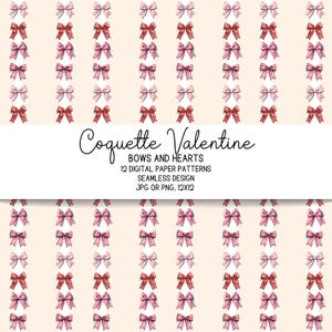 Coquette Valentine Digital Paper: Bows & Hearts Seamless Patterns (PNG ...