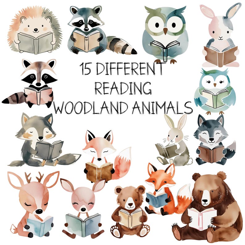 Watercolor Woodland Animals Reading Clipart: Forest Book Lovers ...