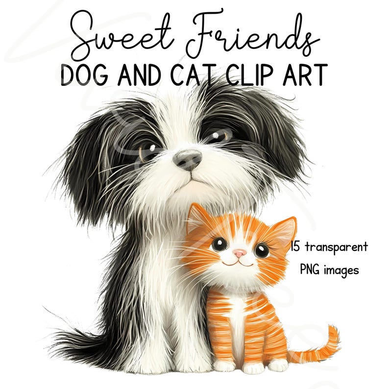 15 Quirky Dog and Cat Clip Art- Pet Friends- Sweet Dog and Cat Cuddling ...