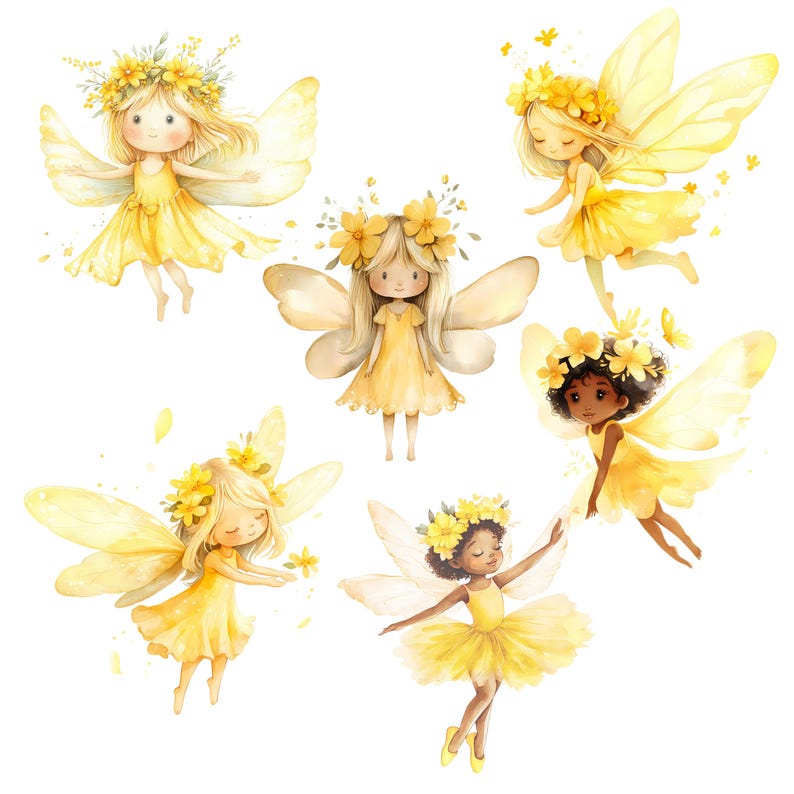 Yellow Fairy Clipart: Garden Fairies, Mushrooms, Butterflies (20 PNG ...