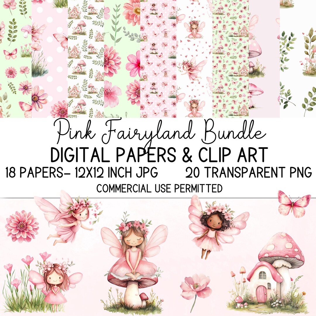 Pink Fairy Clip Art and Digital Papers Bundle- Cottagecore Watercolor ...