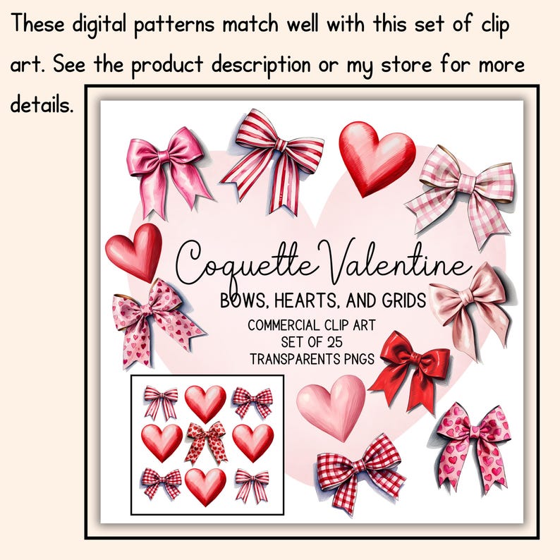 Coquette Valentine Digital Paper: Bows & Hearts Seamless Patterns (PNG ...