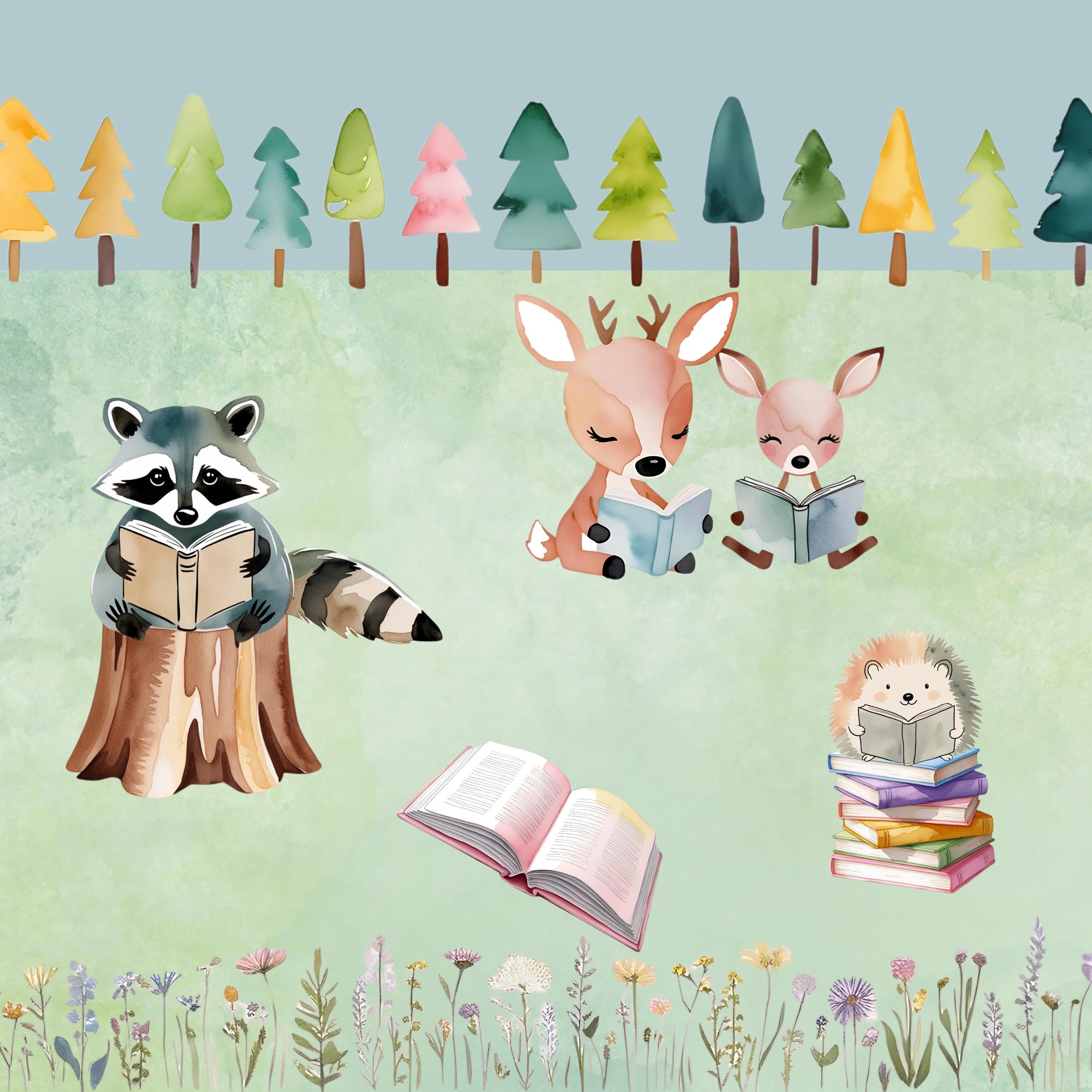 Watercolor Woodland Animals Reading Clipart: Forest Book Lovers ...