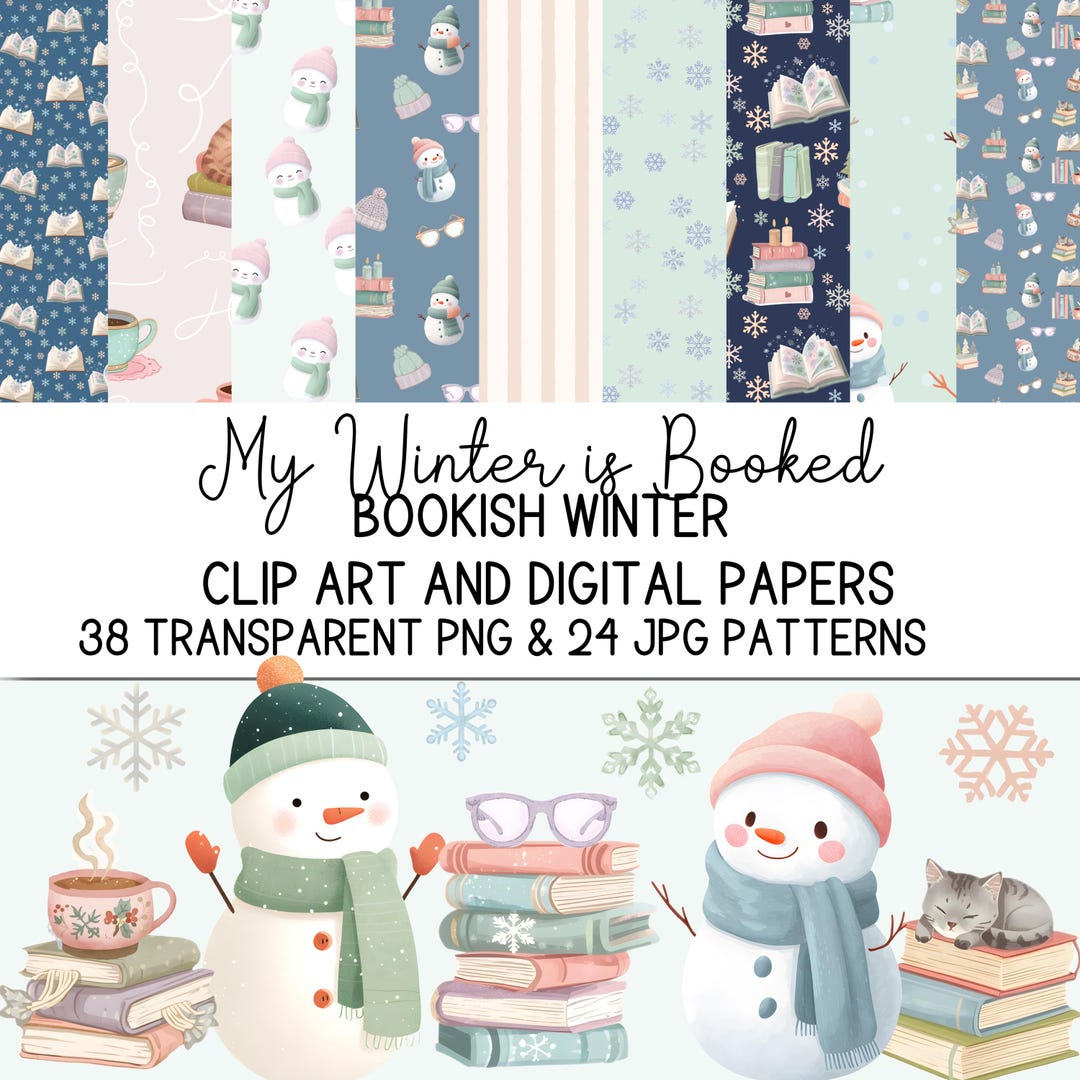 Bookish Winter Clip Art Bundle & Digital Papers | Cozy Reading Snowman ...