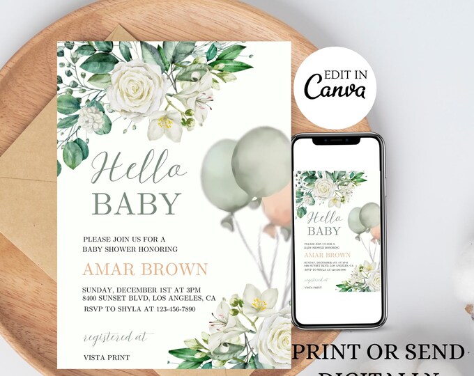 Sage Green Baby Shower Invitation, Sage Balloons Gender Neutral Baby ...