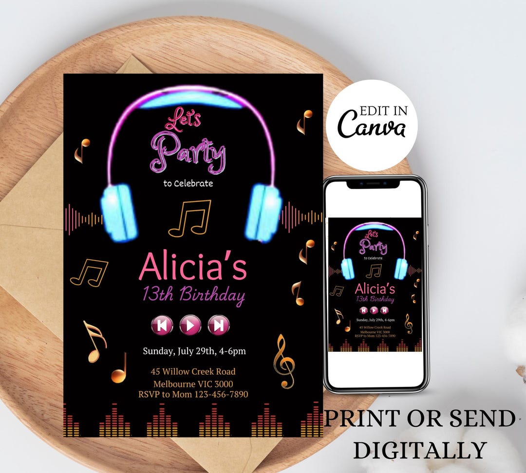 Music Theme Birthday Invitation, Music Birthday Party Invite, Girl ...