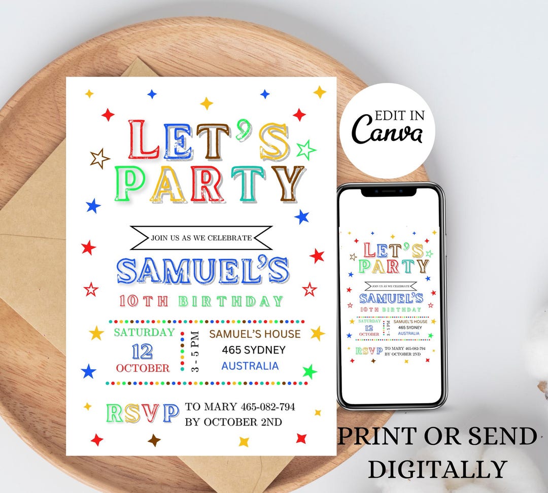 Editable Simple Colorful Birthday Invite Bright and Cheerful Party ...