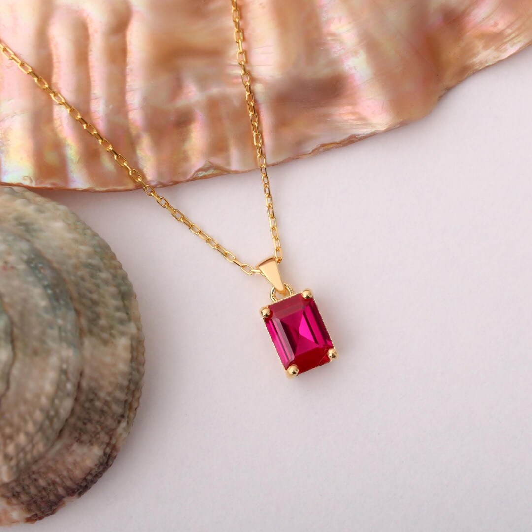 Ruby Rectangle Necklace 14K Solid Gold, July Birthstone Pendant, Woman ...