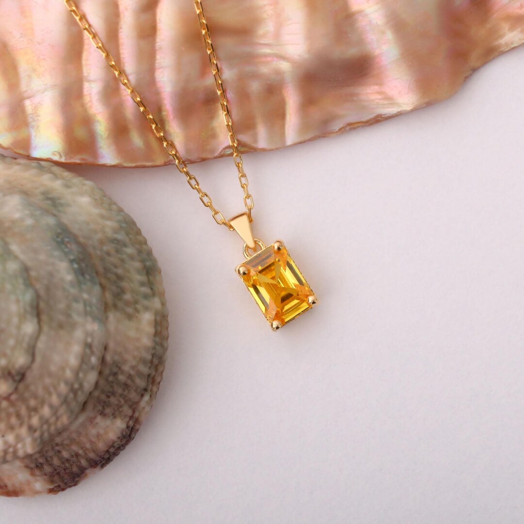 Trend Yellow Topaz Rectangle Necklace, 14K Solid Gold Charms, Handmade ...