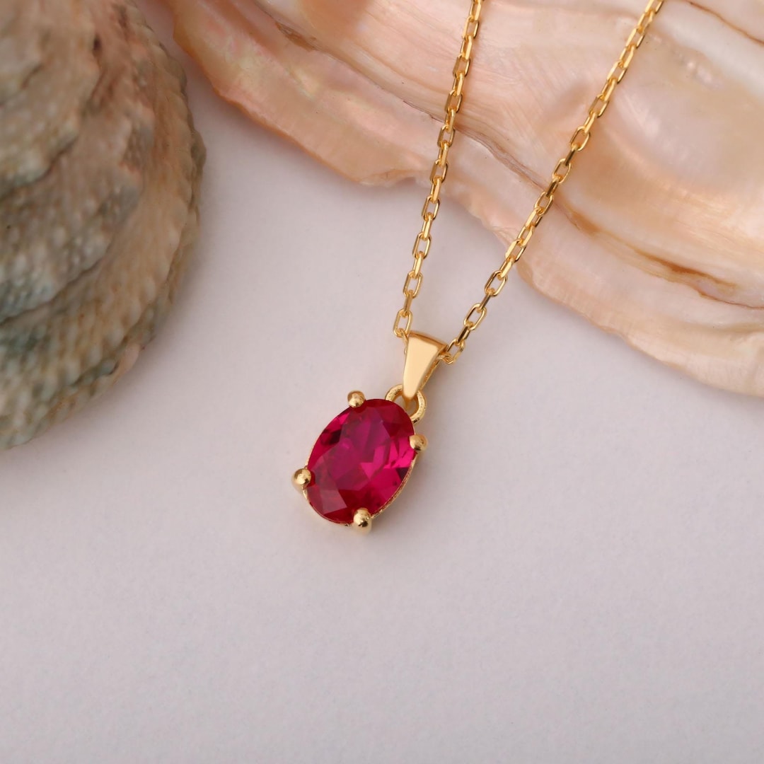 Elegant Ruby Oval Necklace, 14K Solid Gold Charms, Christmas or ...