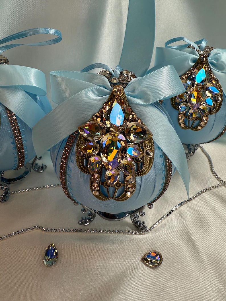 Set of 6 Handmade Christmas Ornaments Blue Satin Balls With Rhinestones ...