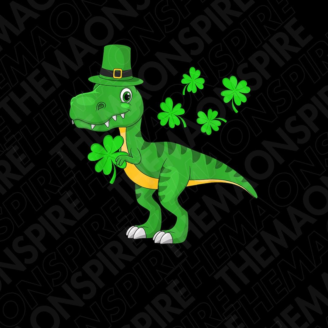 St. Patrick's Day Dinosaur PNG Shirt for Kids - Cute Dino With Leprechaun Hat and Shamrock T ...