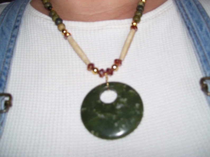 Native American Made, Green Jade Pendant Necklace, Bone Hairpipe, Jade ...