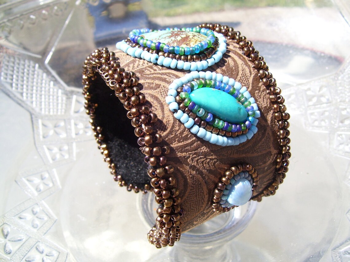 Native American Made Earthy Turqouise Bead Embroidered Cuff - Etsy
