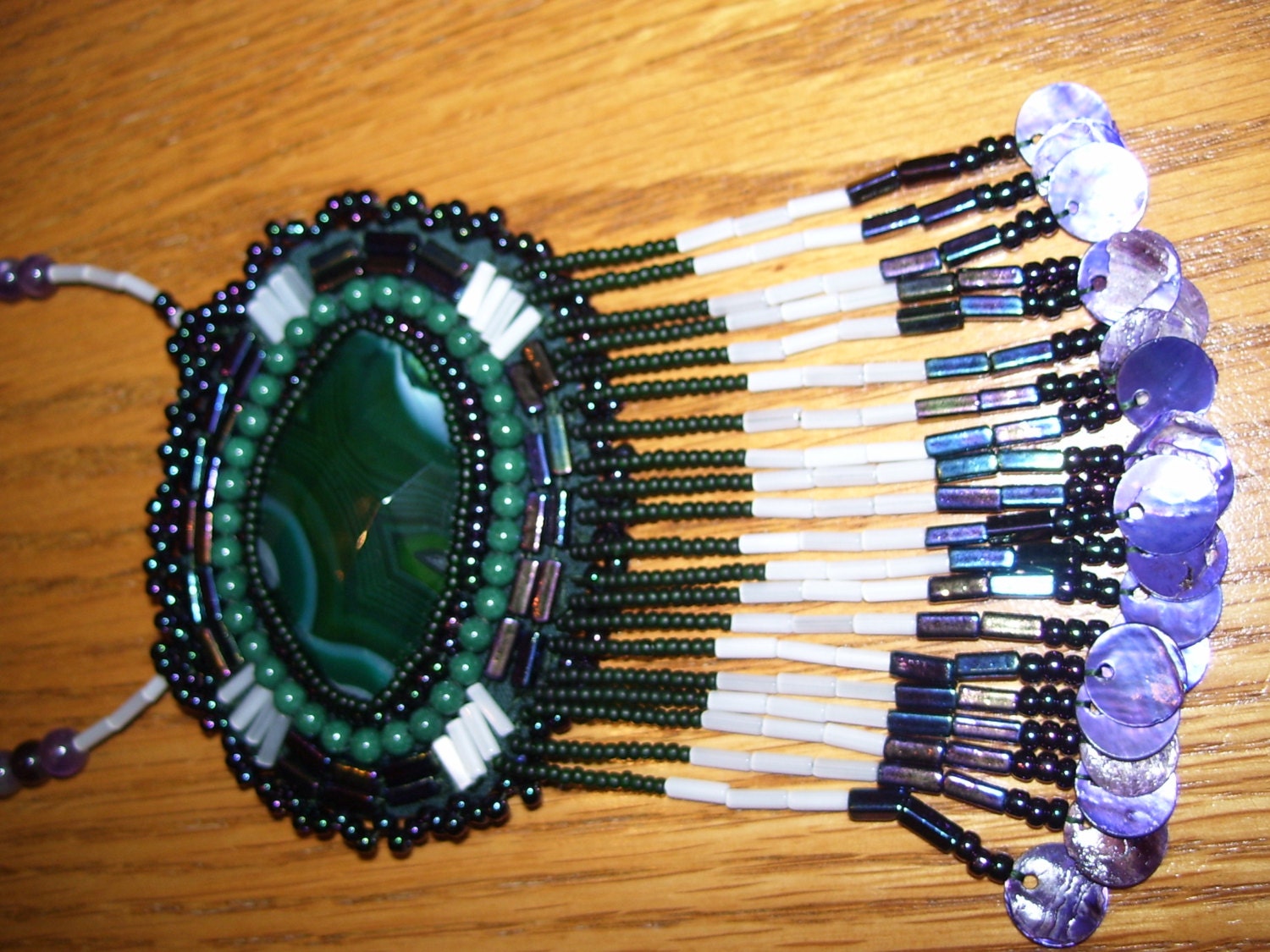Native American Jewelry, Green Agate Bead Embroidered Statement ...
