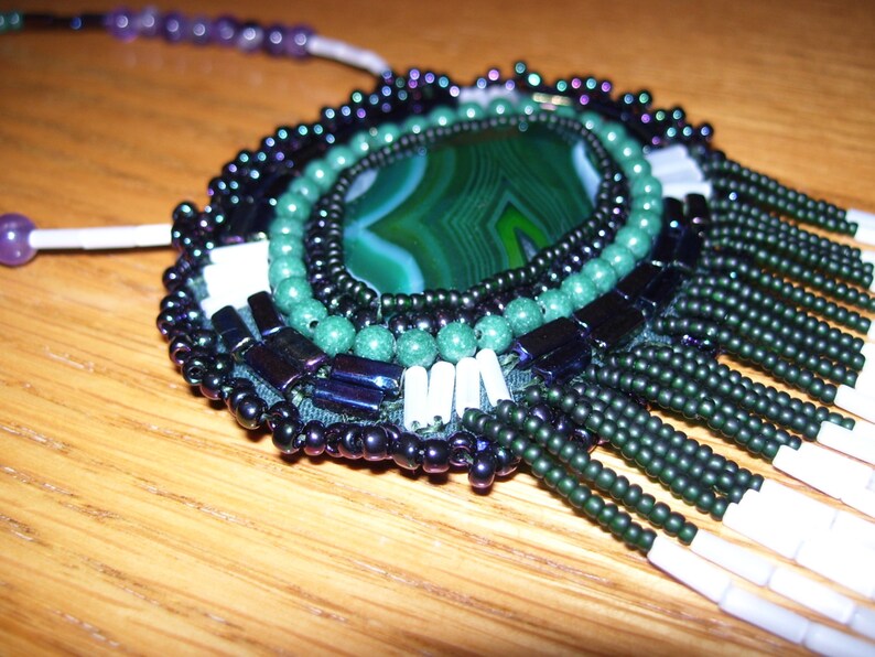 Native American Jewelry, Green Agate Bead Embroidered Statement ...