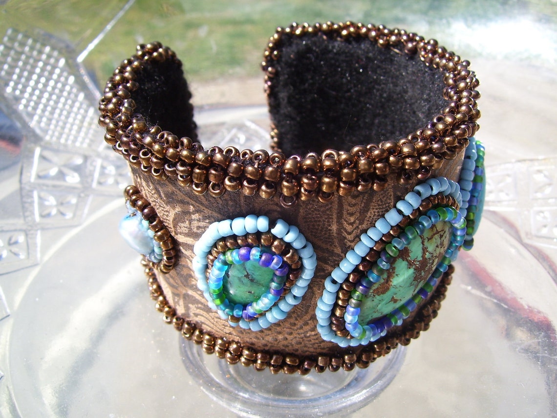 Native American Made Earthy Turqouise Bead Embroidered Cuff - Etsy