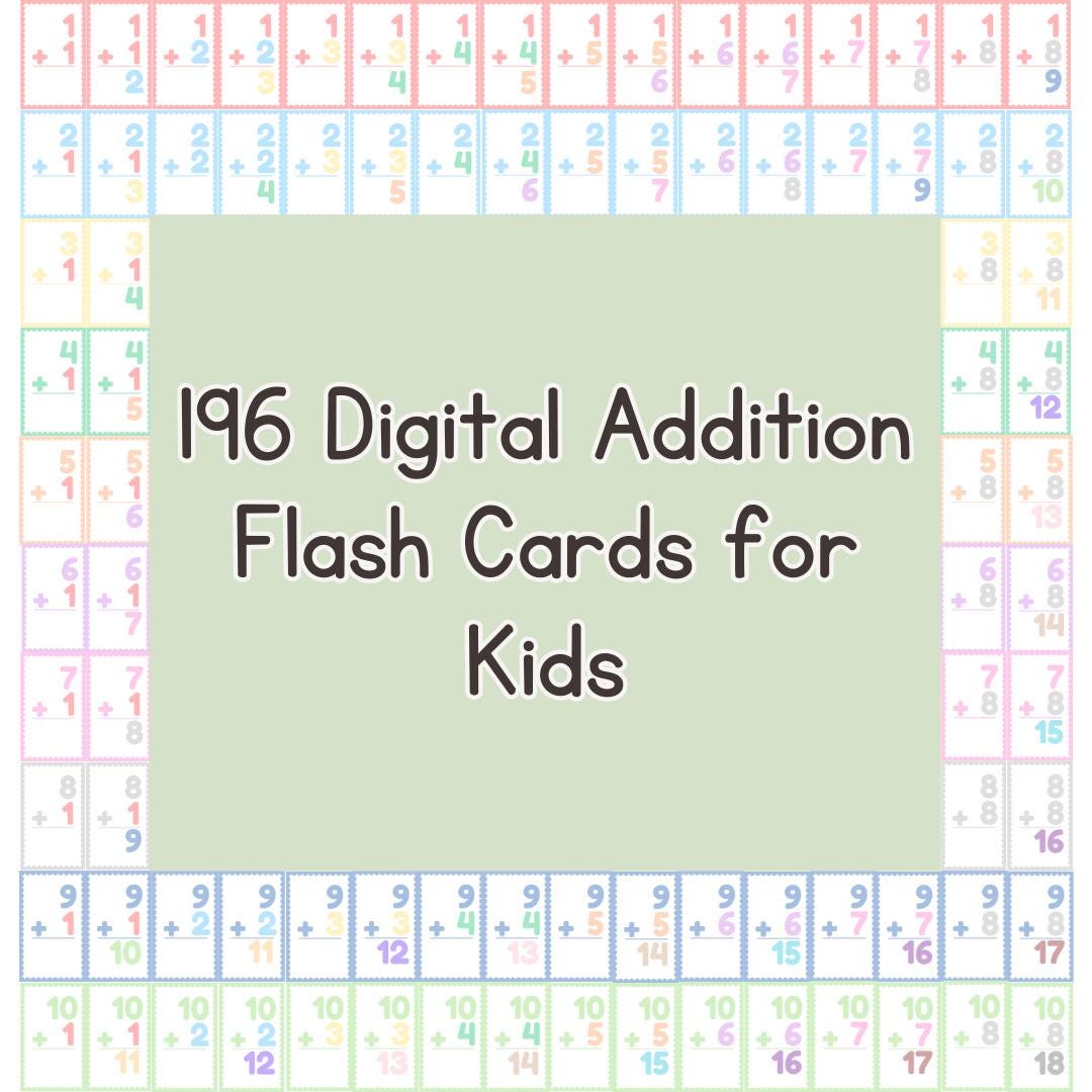 Digital Addition Flash Cards, Printable Flash Cards, Digital Flash ...