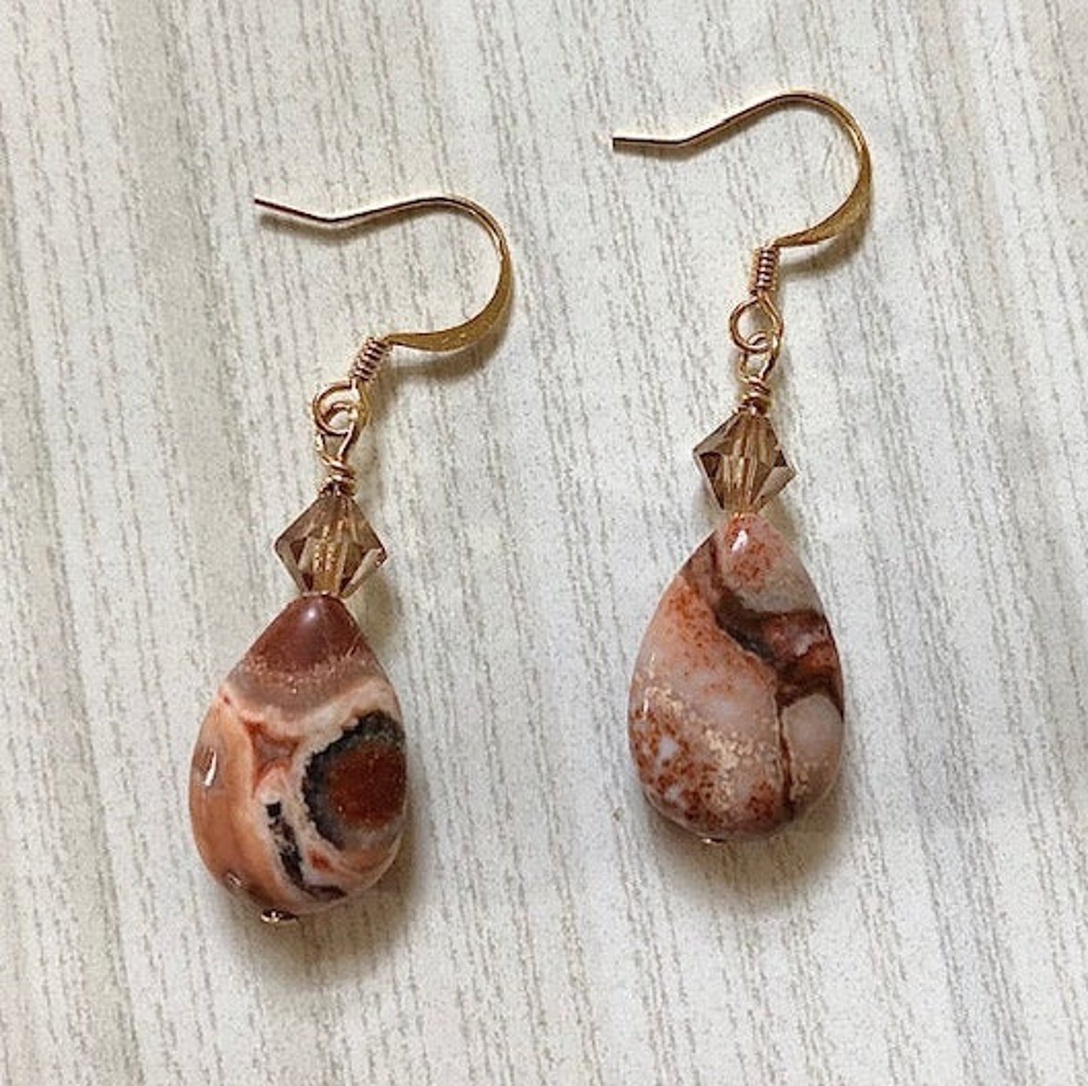 Brown Cream Jasper Stone Drop Earrings with Crystals - Etsy Italia