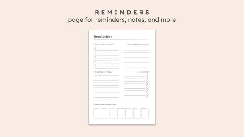 Reminders Printable | To-do Notes & Personal Checklist Page | Minimal ...