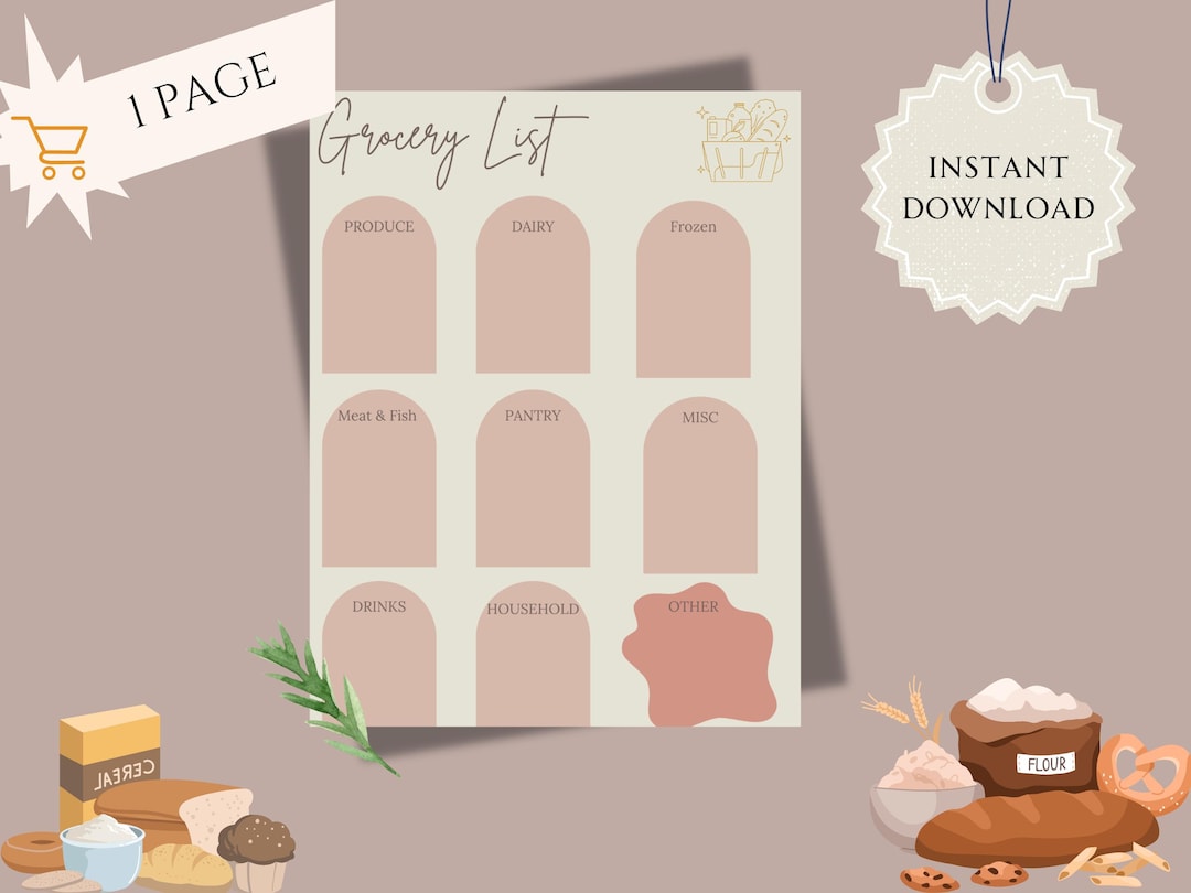 Printable Grocery List Template: Weekly Food Shopping Planner (instant ...