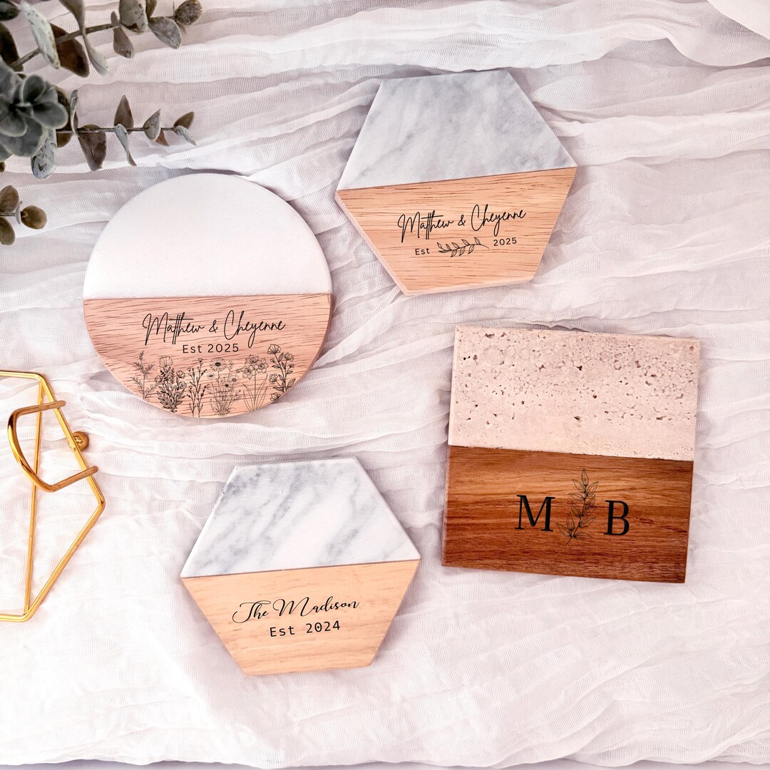 Personalized Wedding Coasters Set | Custom Family Name Drink Coasters ...