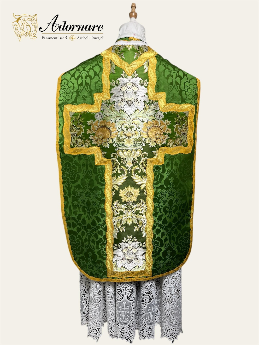 GREEN Damask French Roman Chasuble With Floral Brocade Panels Low Mass ...