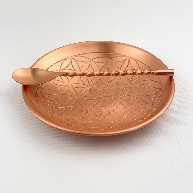 Pure Copper Engraved Plate & Spoon Set | Handcrafted Flower of Life ...