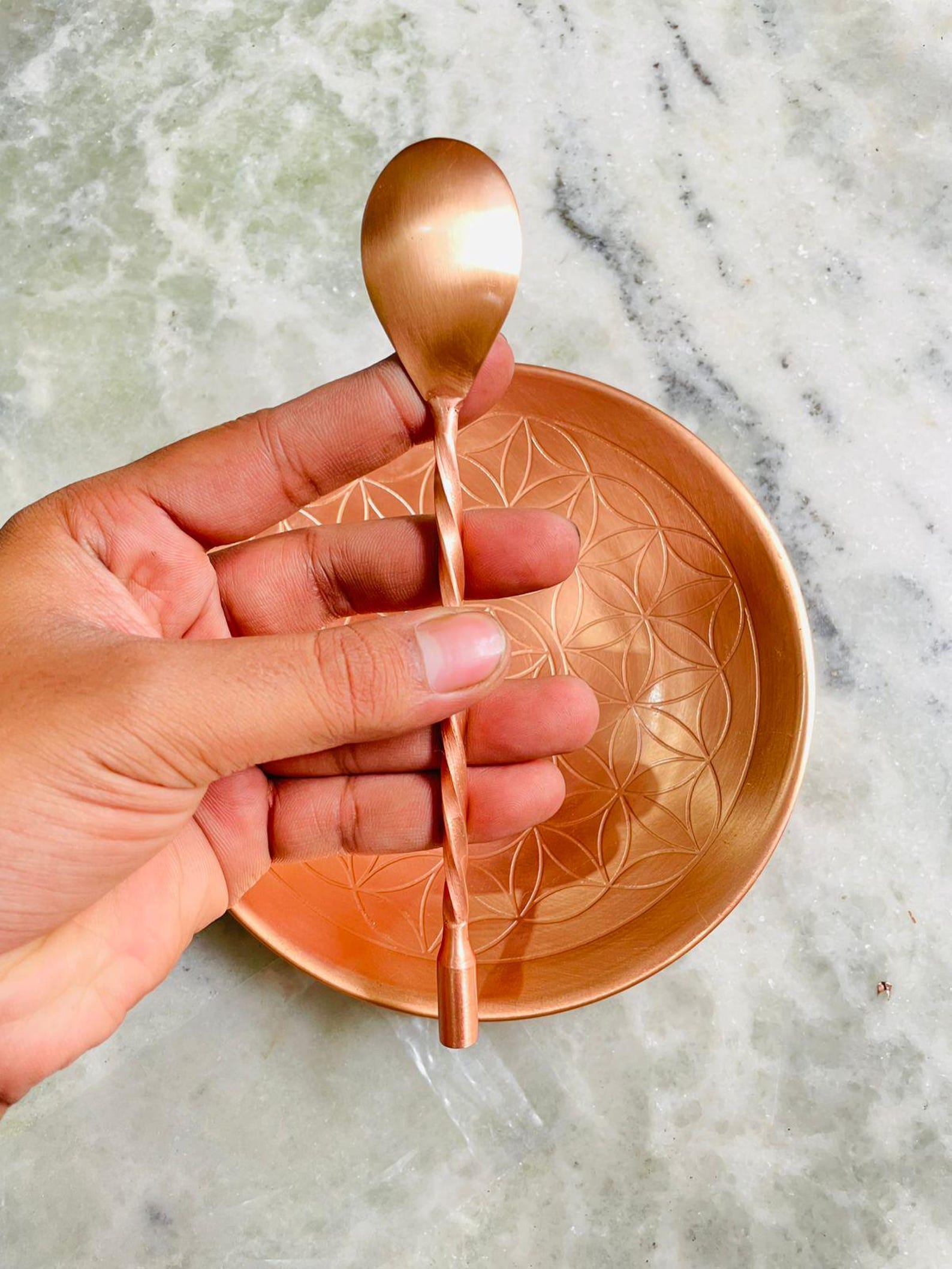 Pure Copper Engraved Plate & Spoon Set | Handcrafted Flower of Life ...