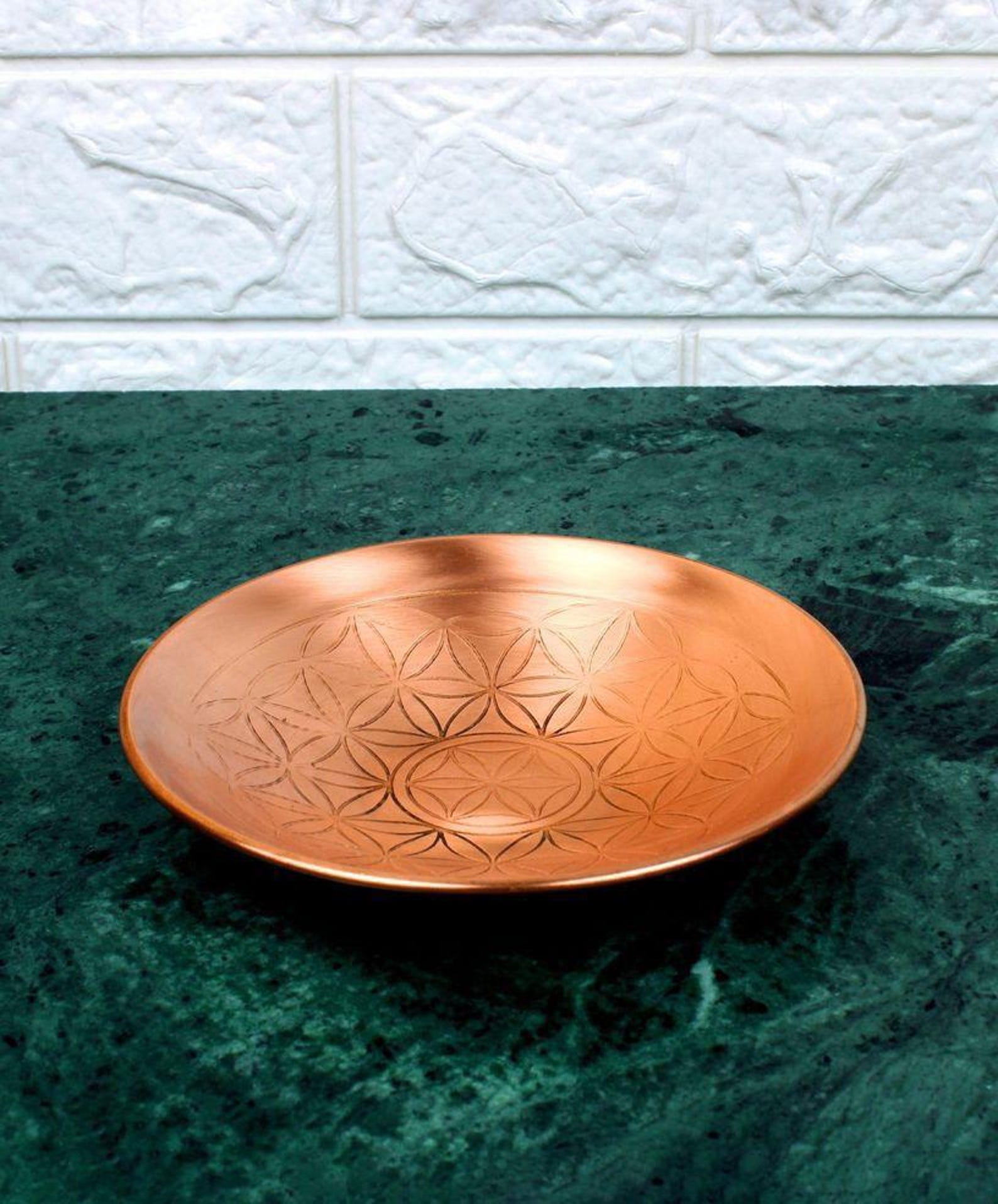 Pure Copper Engraved Plate & Spoon Set | Handcrafted Flower of Life ...