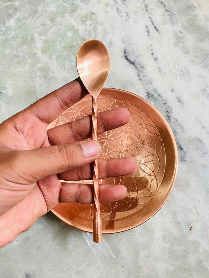 Pure Copper Engraved Plate & Spoon Set | Handcrafted Flower of Life ...