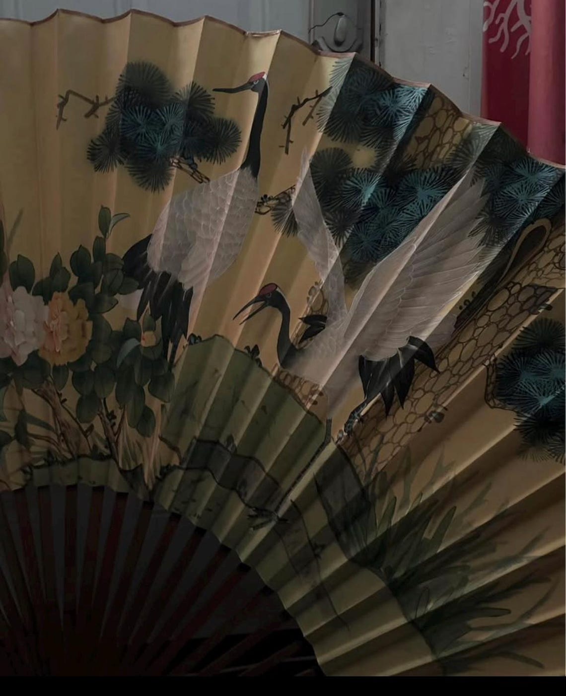 Large Chinese Wall Fan Hand Painted Gold With Cranes Flowers 50 X 30 ...