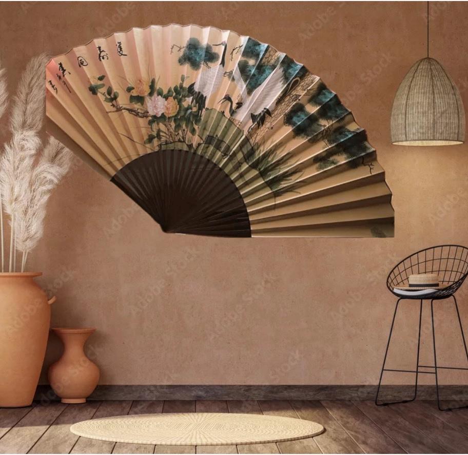 Large Chinese Wall Fan Hand Painted Gold With Cranes Flowers 50 X 30 ...
