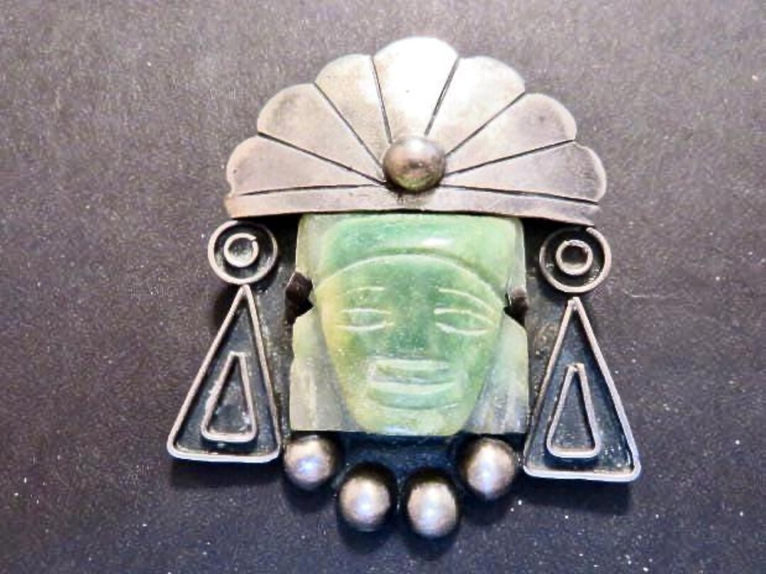 1940s Aztec Mayan ARTISAN STERLING SILVER Carved Gemstone Heavy Large ...